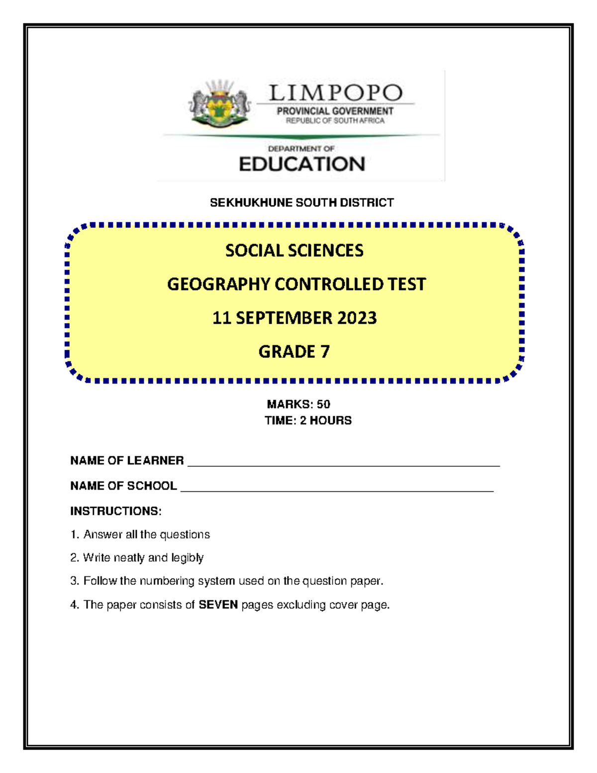 Grade 7 Geography Term 3 Controlled Sept 2023 - SEKHUKHUNE SOUTH ...