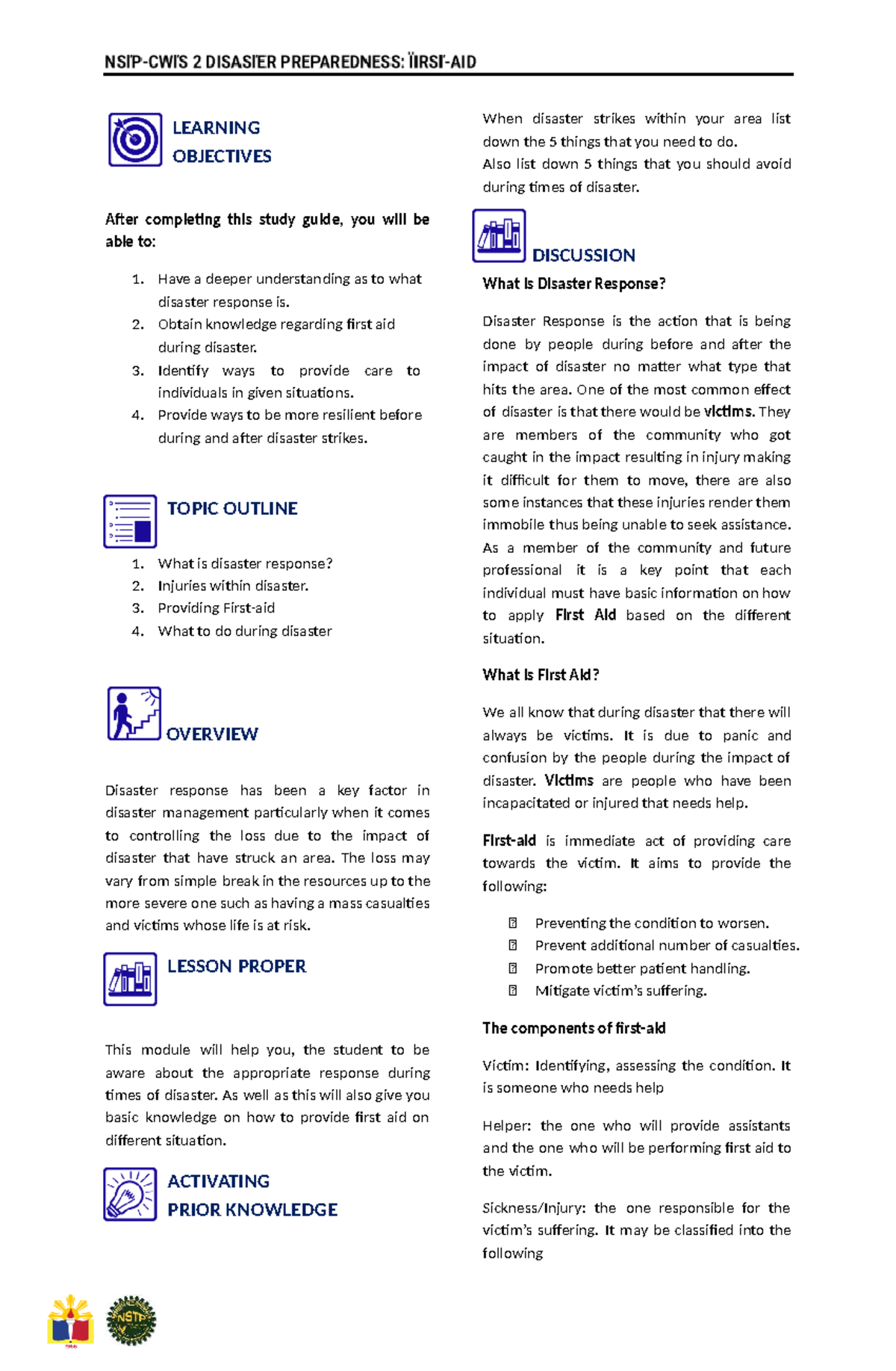 Disaster-Preparedness First-Aid-1-1 - LEARNING OBJECTIVES Aer compleng ...