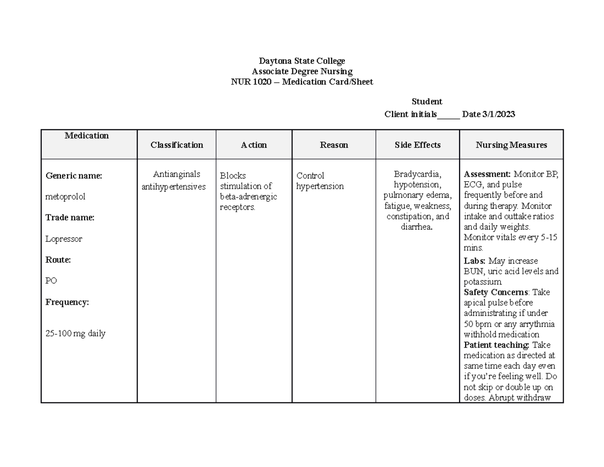 Medication card - Daytona State College Associate Degree Nursing NUR ...