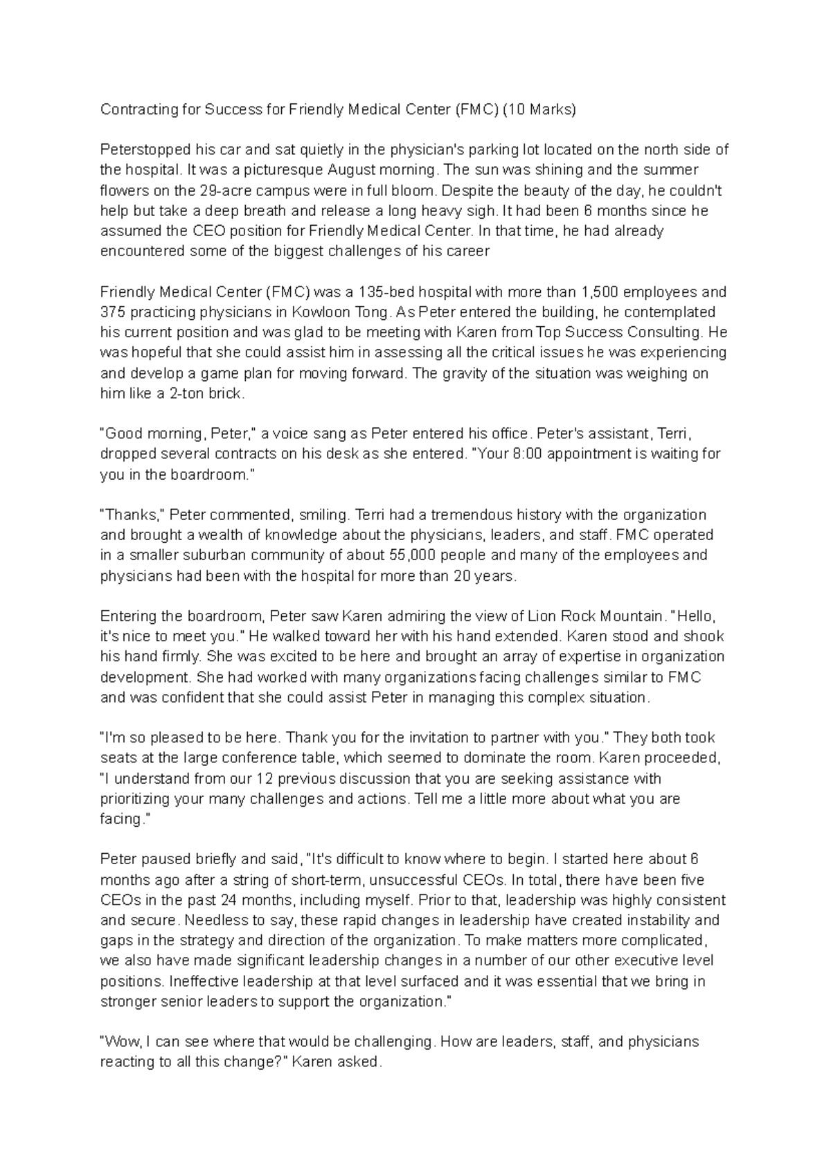 Case2 - case study - Contracting for Success for Friendly Medical Center (FMC) (10 Marks) - Studocu