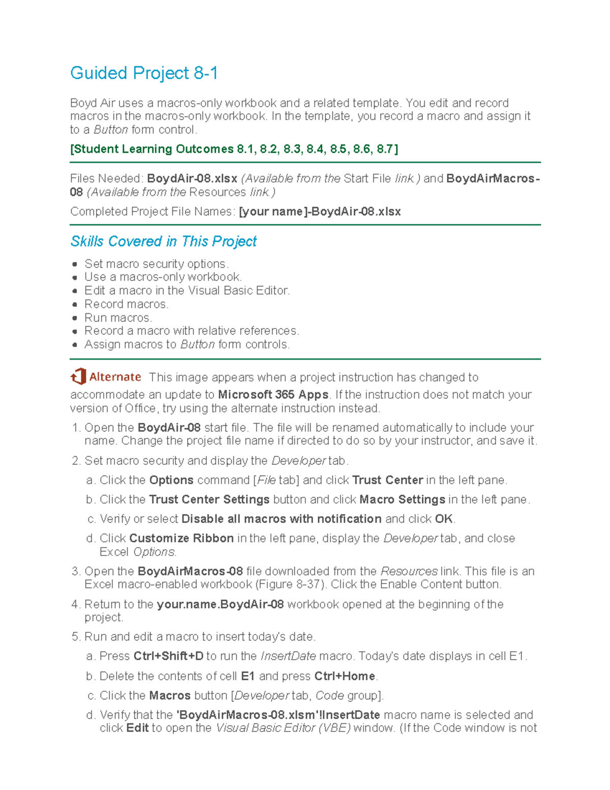 VOIM112 - Guided Project - 8-1 week 4 - Guided Project 8- Boyd Air uses a macros-only workbook ...