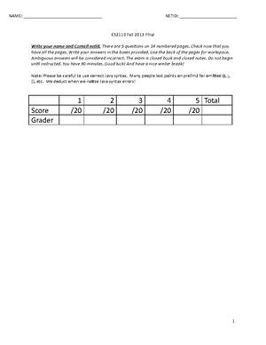 Finalcs 2110sp18sol - Past Finals solutions from CS 2110 taught by Professor David Gries and ...