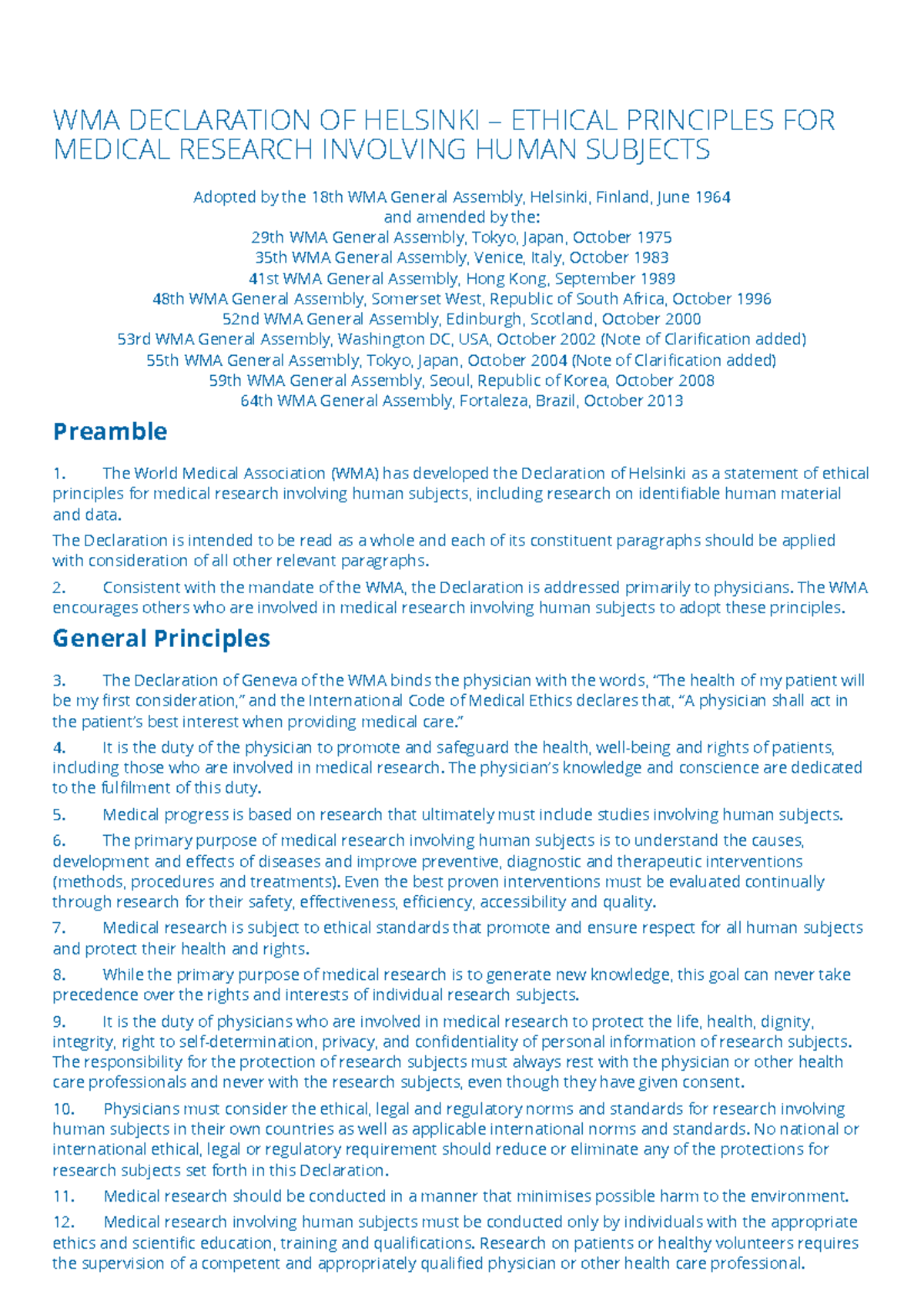 Wma declaration of helsinki ethical principles for medical research ...