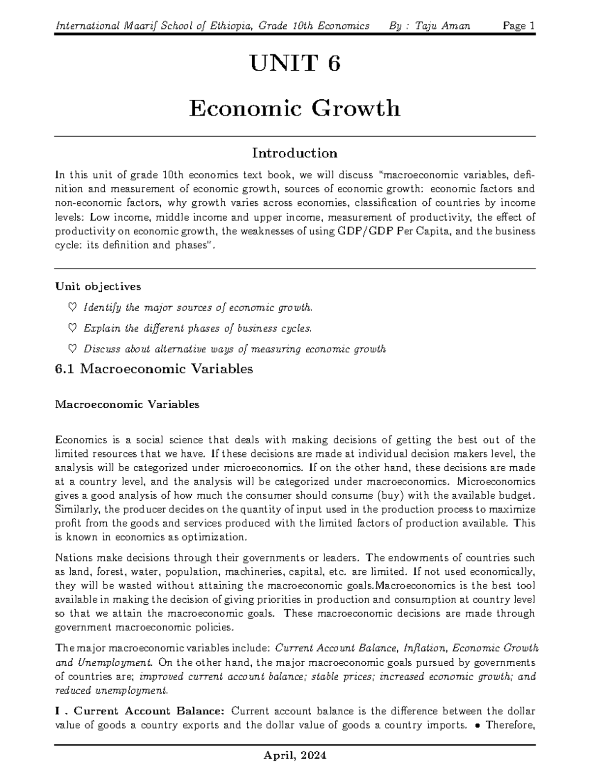 Grade 10 Ch - UNIT 6 Economic Growth Introduction In this unit of grade ...