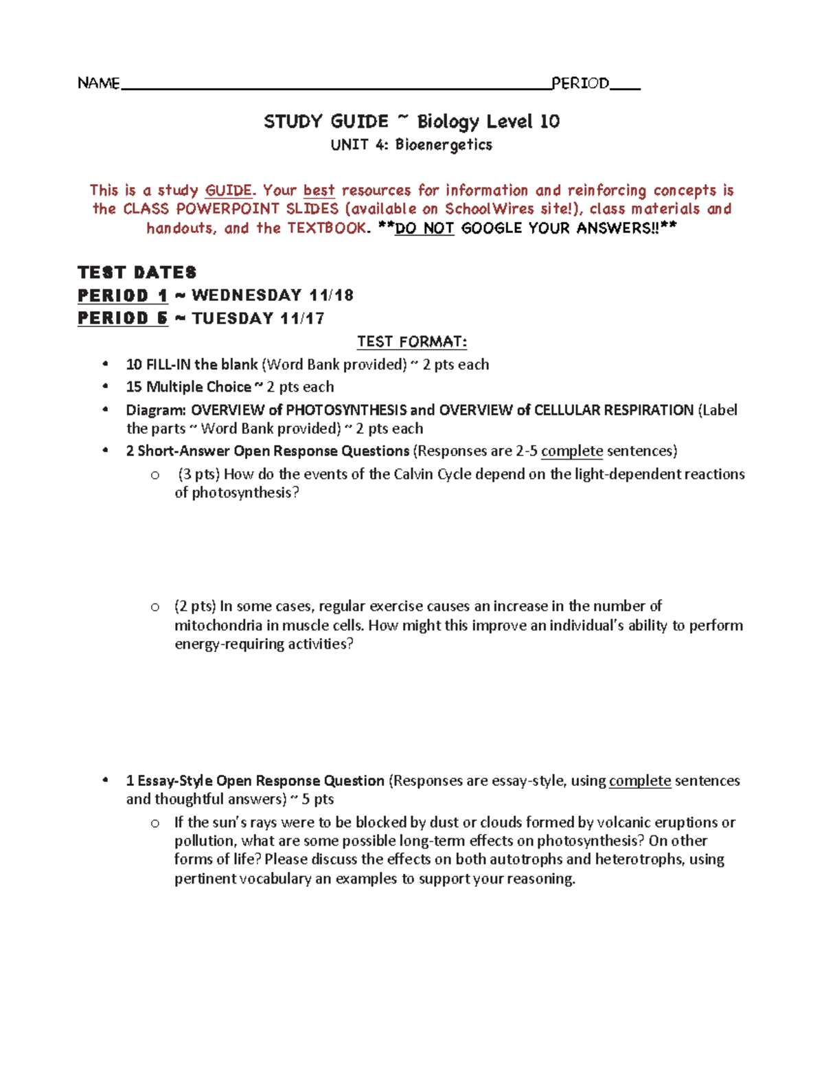 Study Guide - Unit 4 Bioenergetics - NAME ...
