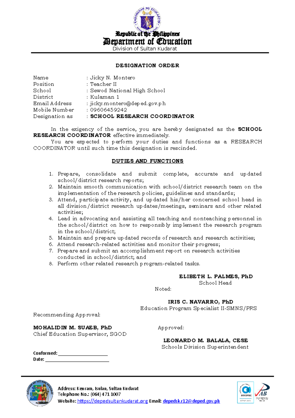 Designation Order School AND District - Republic of the Philippines ...
