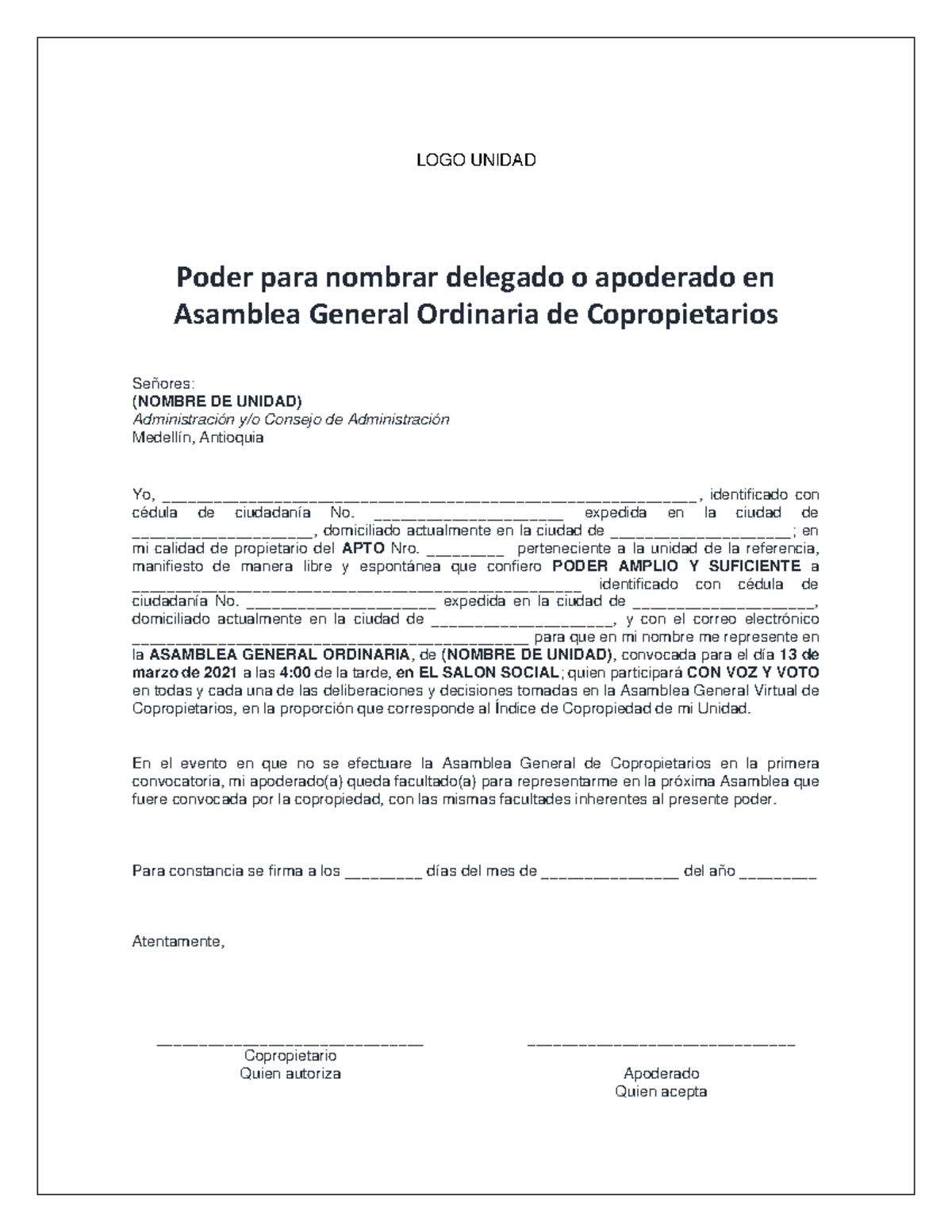 Poder Asamblea Propiedad Horizontal - LOGO UNIDAD Poder para nombrar ...