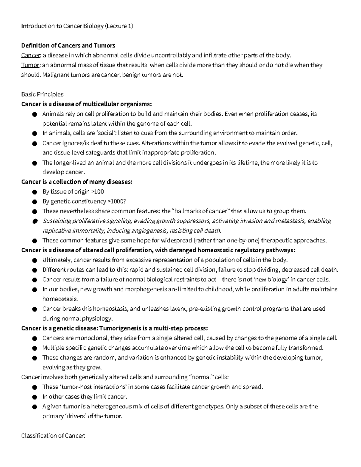 Mcb 132 lecture 1, 2 - notes - Introduction to Cancer Biology (Lecture ...