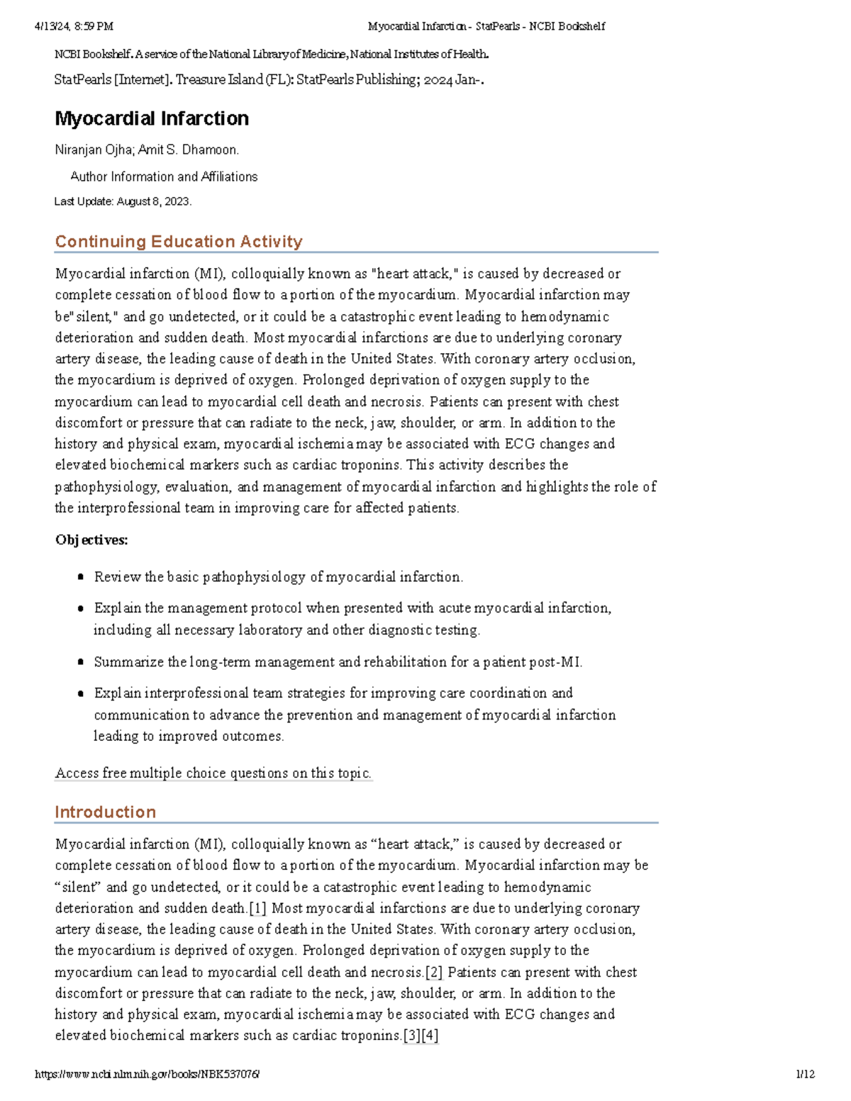 Myocardial Infarction - Stat Pearls - NCBI Bookshelf - NCBI Bookshelf ...
