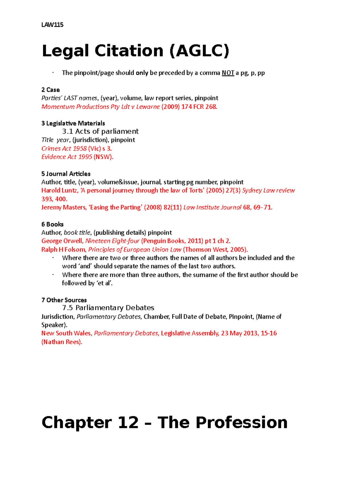 LAW115 - Lecture notes 1-13 - Legal Citation (AGLC) · The pinpoint/page ...