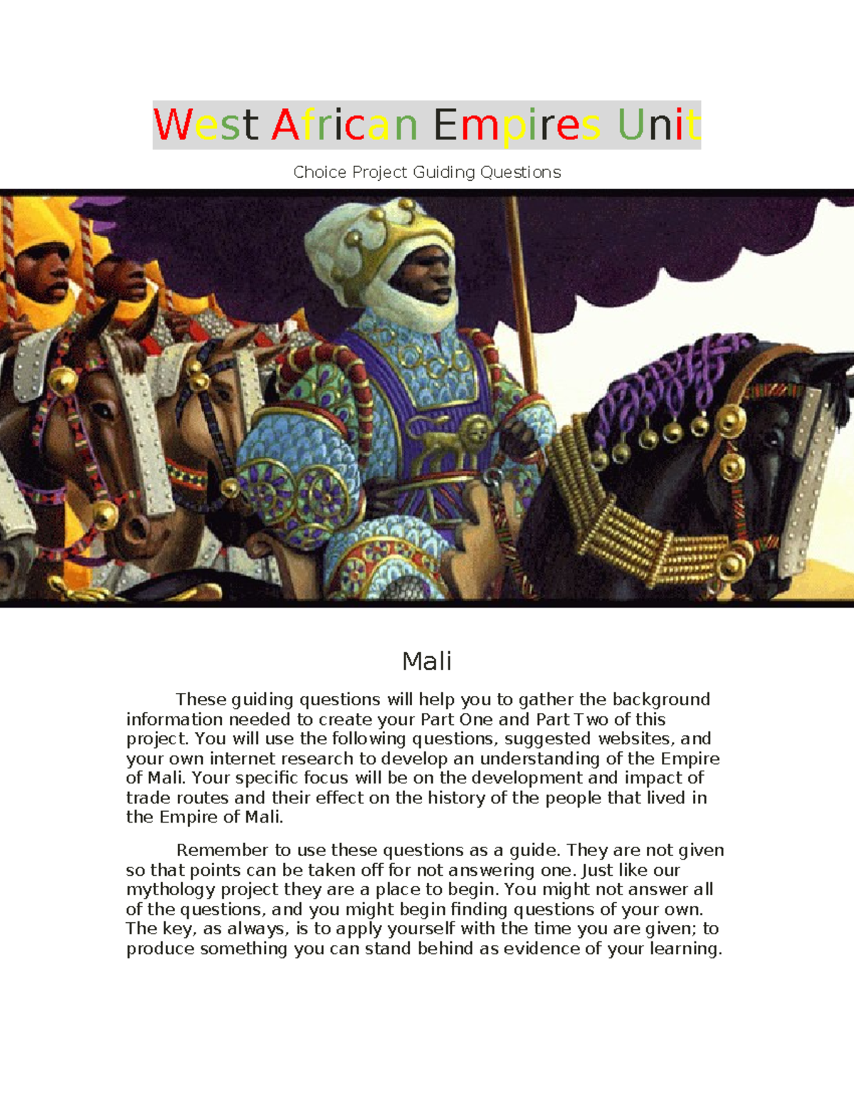 Guiding Questions -Mali - West African Empires Unit Choice Project ...