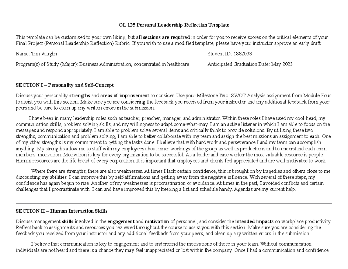 OL125 - 7-3 Final Project - OL 125 Personal Leadership Reflection Template This template can be ...
