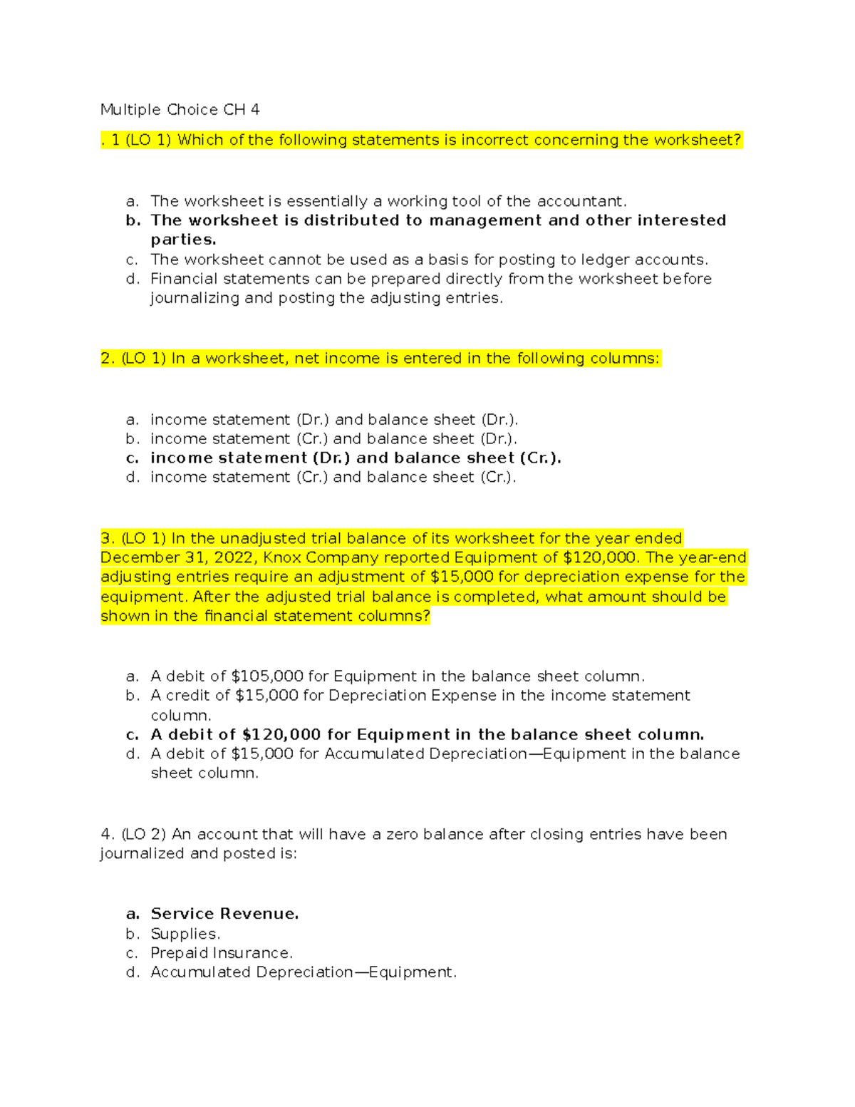 Multiple Choice CH 4 - assignments - Multiple Choice CH 4 . 1 (LO 1) Which of the following ...