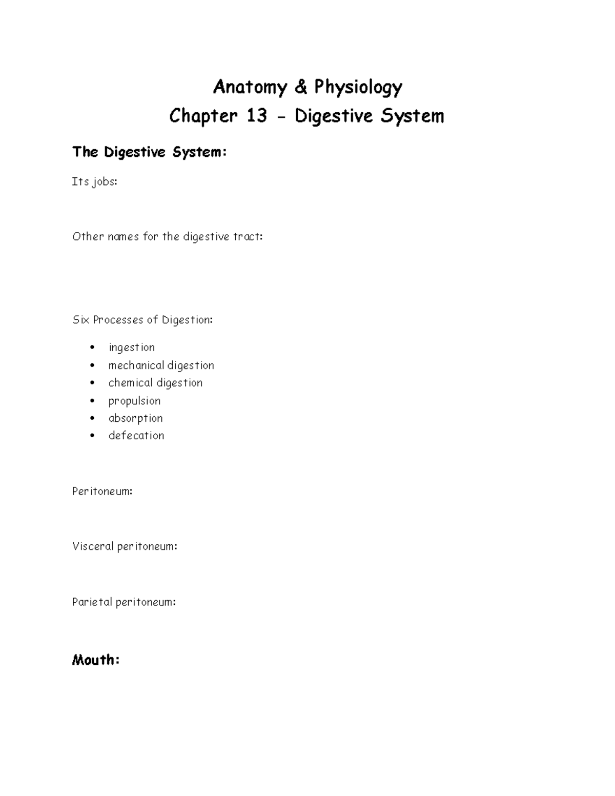 A P Digestive System student notes - Anatomy & Physiology Chapter 13 ...