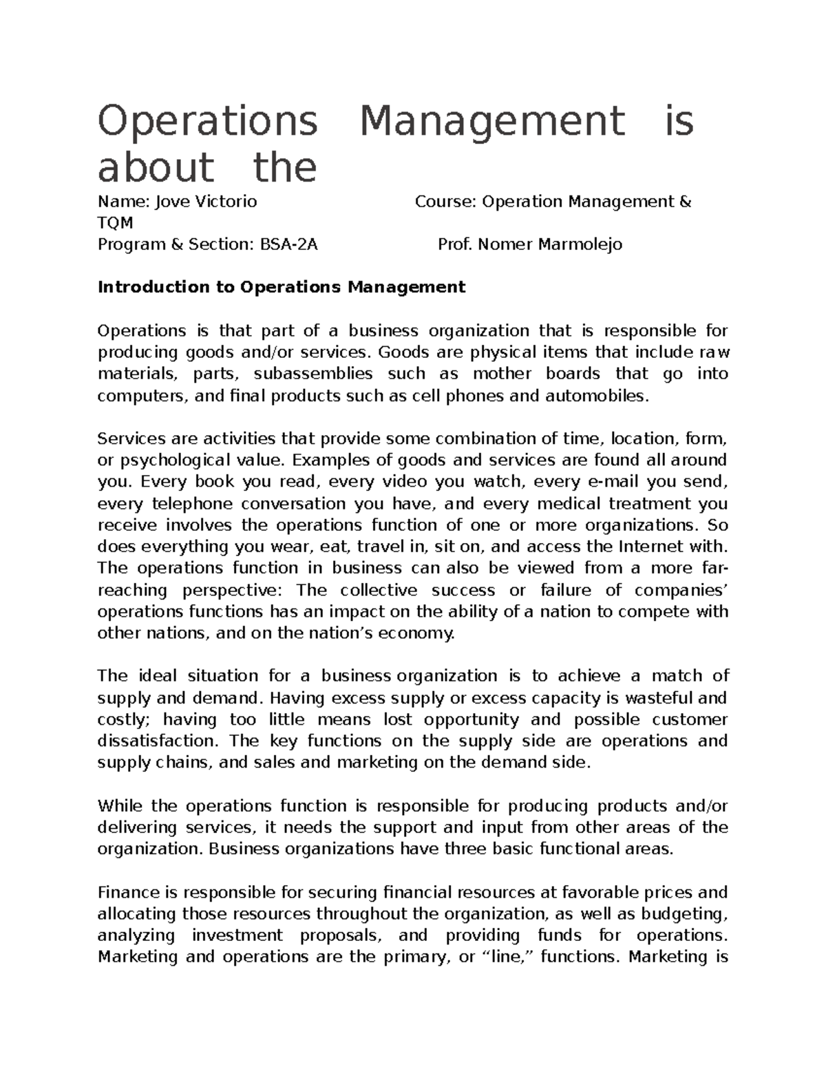 Operations Management is about the - Operations Management is about the ...