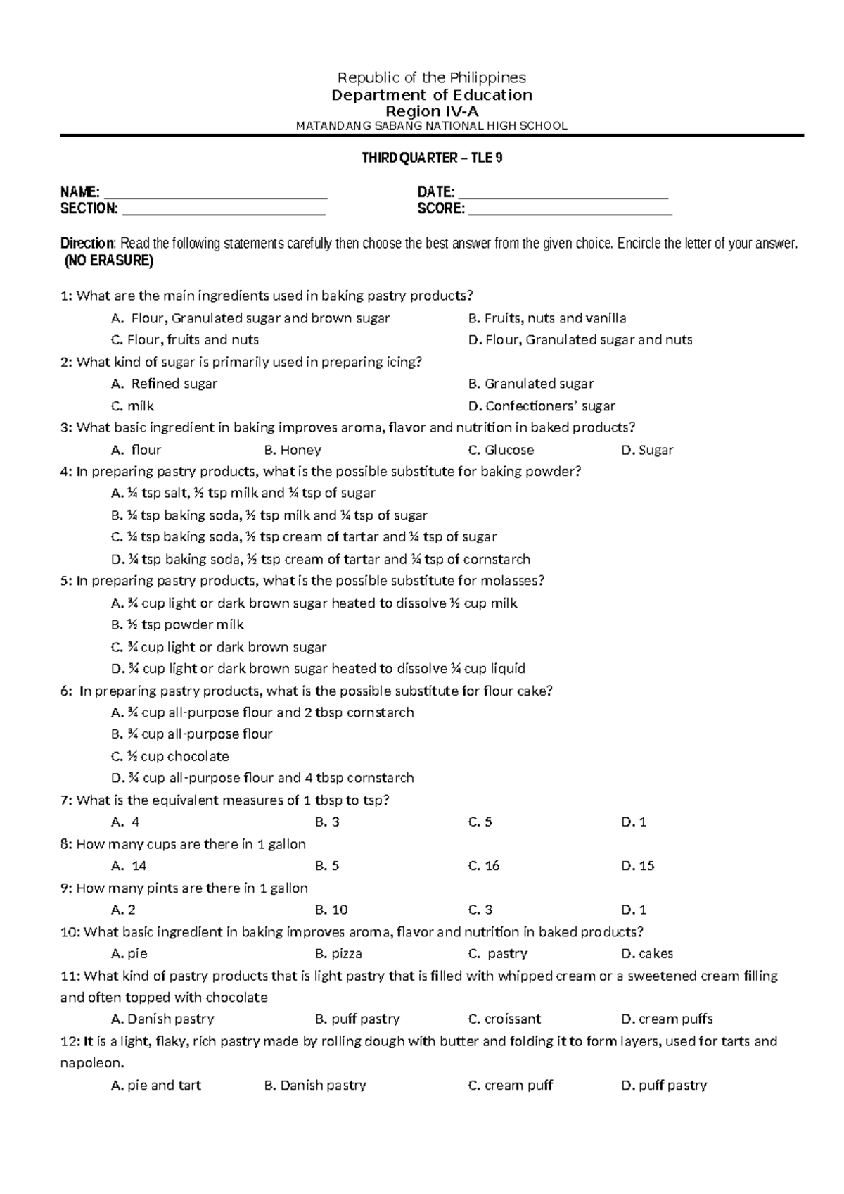 TLE 9 EXAM 3RD - Summary Hospital Management - Republic of the ...