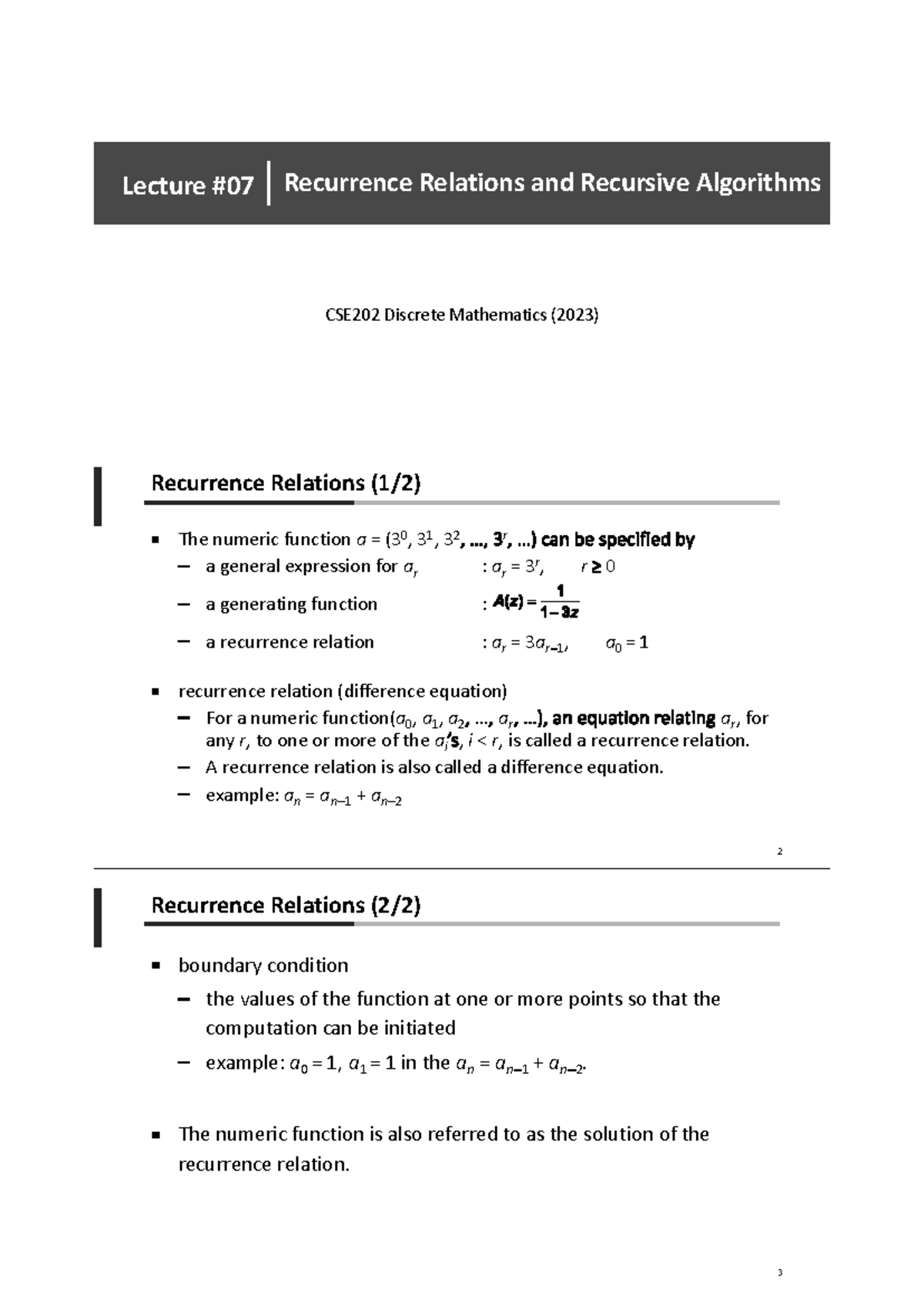 이산수학 강의노트 07 Recurrence - CSE202 Discrete Mathematics (2023) Lecture #07 Recurrence Relations ...