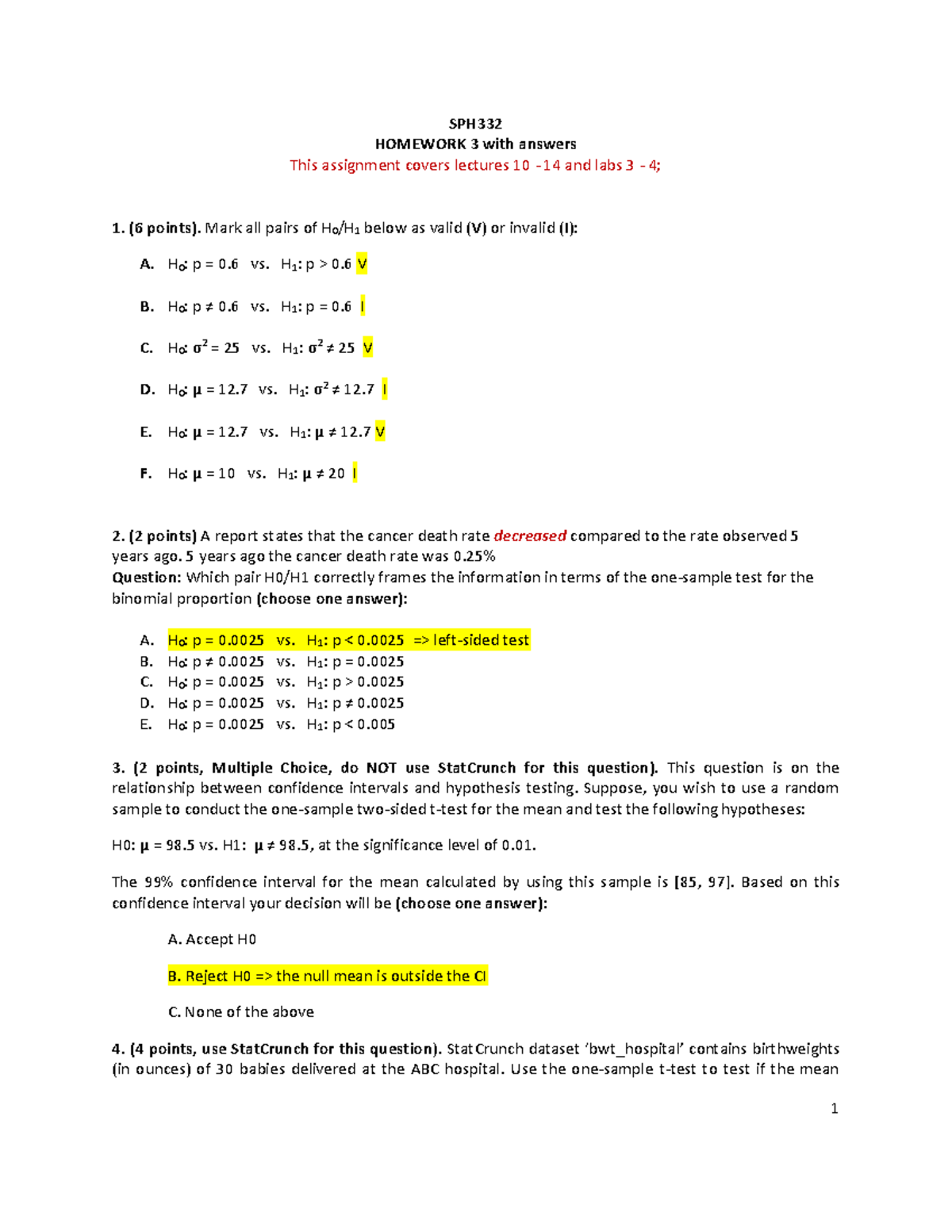2023 Homework 3 w/ answers - SPH HOMEWORK 3 with answers This assignment covers lectures 10 - 14 ...