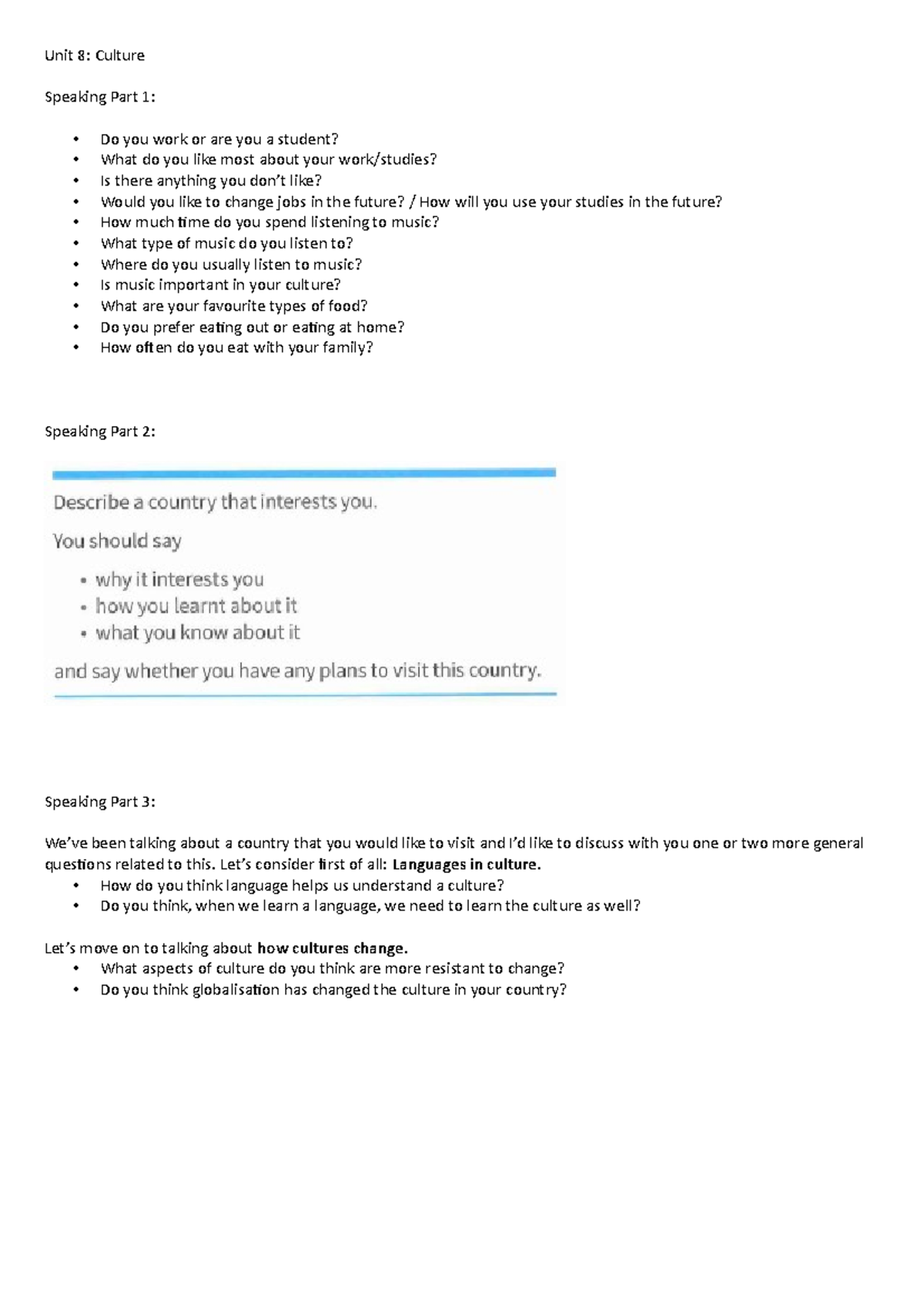 Unit 8 - Culture - Speaking Topics - Unit 8: Culture Speaking Part 1 ...