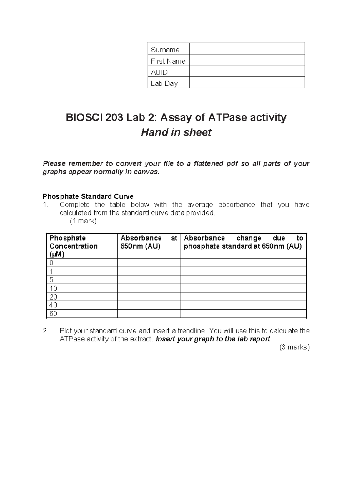 Biosci 203 Lab 2 Hand in Sheet 2024 update - BIOSCI 203 Lab 2: Assay of ...
