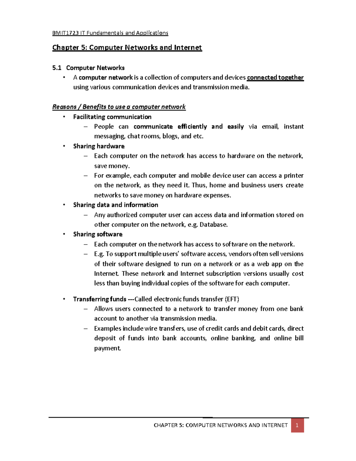 Chapter 5 Summary - Chapter 5: Computer Networks and Internet 5 Computer Networks - A computer ...