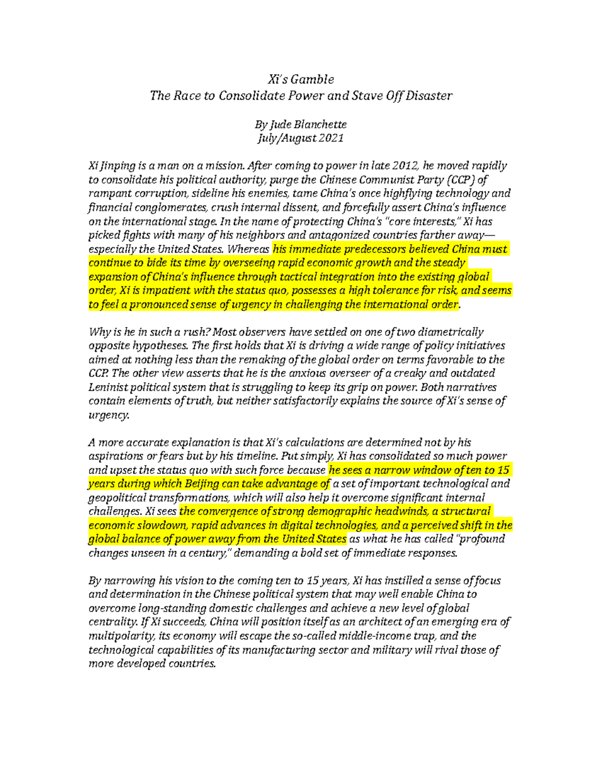 Blanchette - Xis Gamble - Xi’s Gamble The Race to Consolidate Power and ...