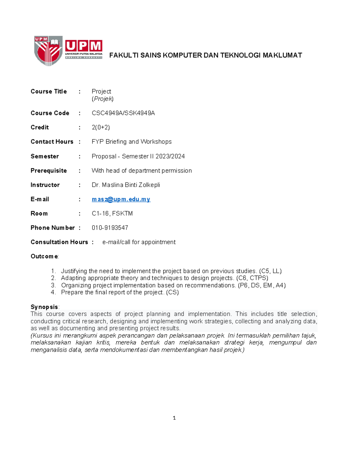 Teaching Plan SSK4949 - Sem 2 2023 2024-Maslina - FAKULTI SAINS ...