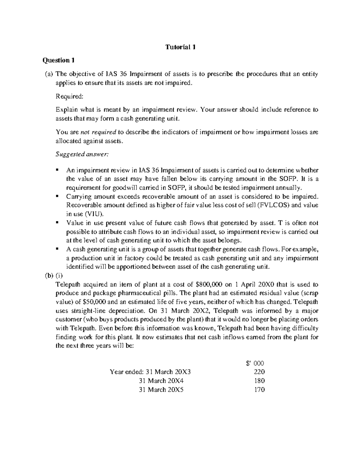 Tutorial 1 - IAS 36 Impairment loss - Tutorial 1 Question 1 (a) The ...