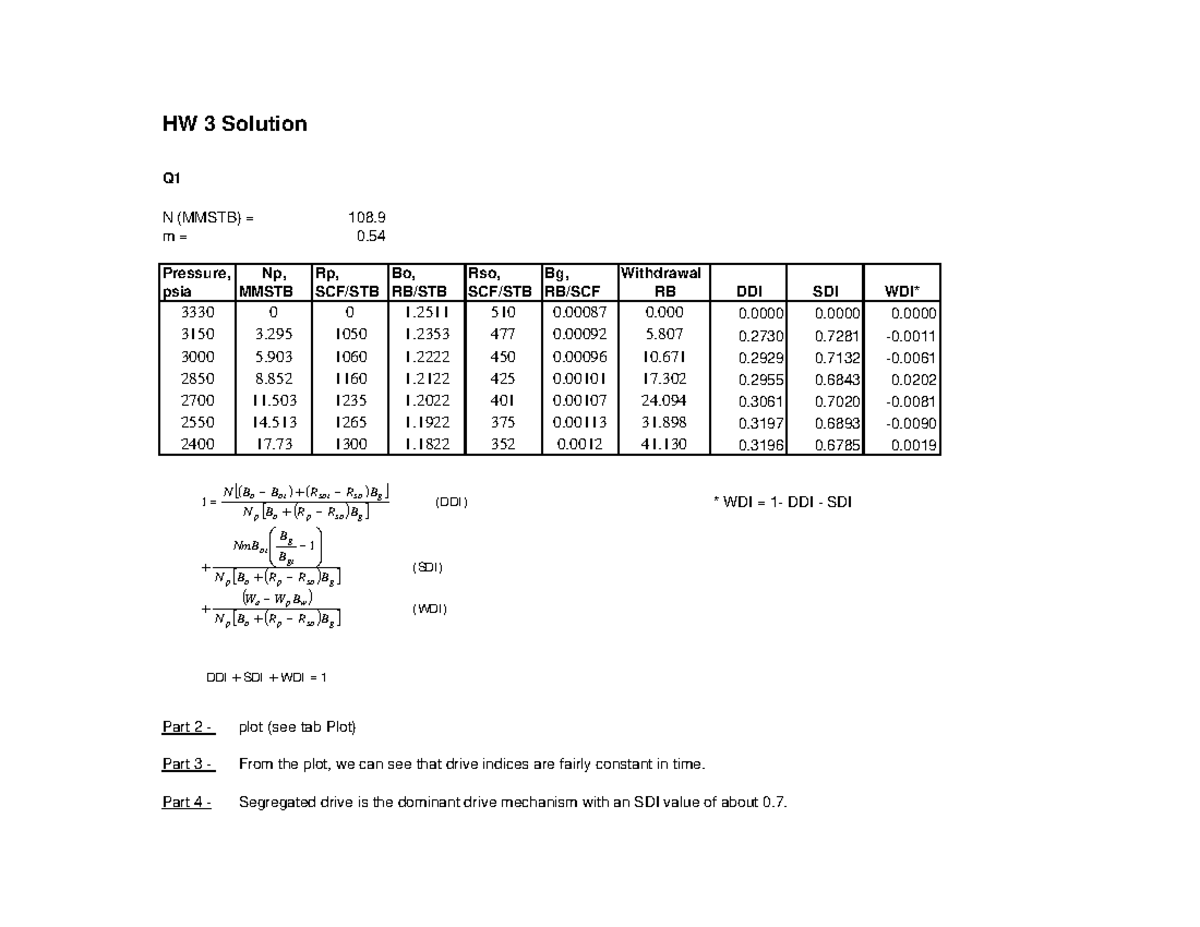 Hw 3 - Homework 3 - HW 3 Solution Q N (MMSTB) = 108. m = 0. Pressure, Np, Rp, Bo, Rso, Bg, - Studocu