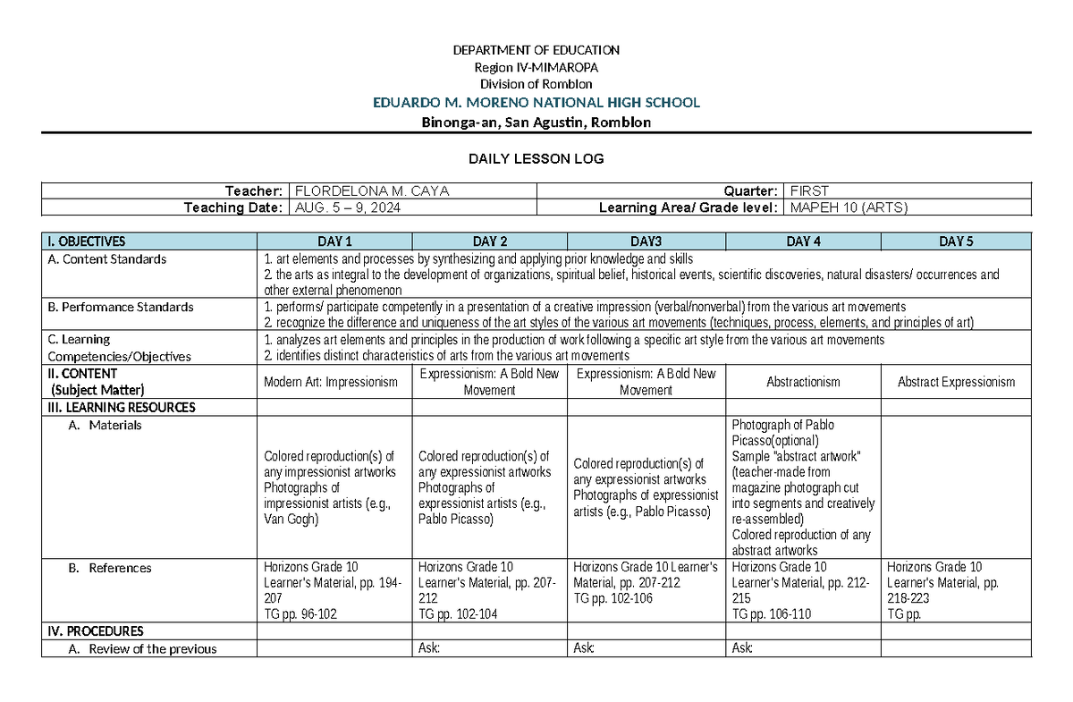 DLL Mapeh 10 WEEK 2 (24-25) - DEPARTMENT OF EDUCATION Region IV-MIMAROPA Division of Romblon ...