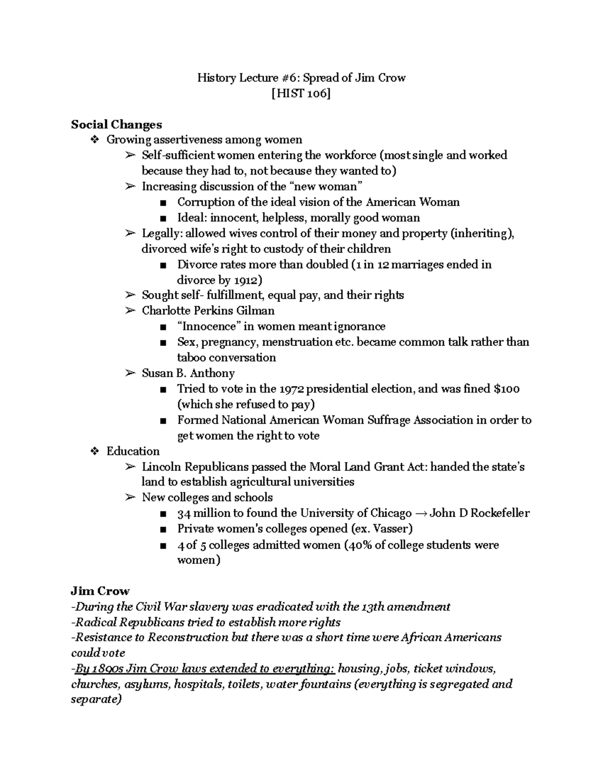 History 106 Lecture #6 Spread of Jim Crow - History Lecture #6: Spread ...
