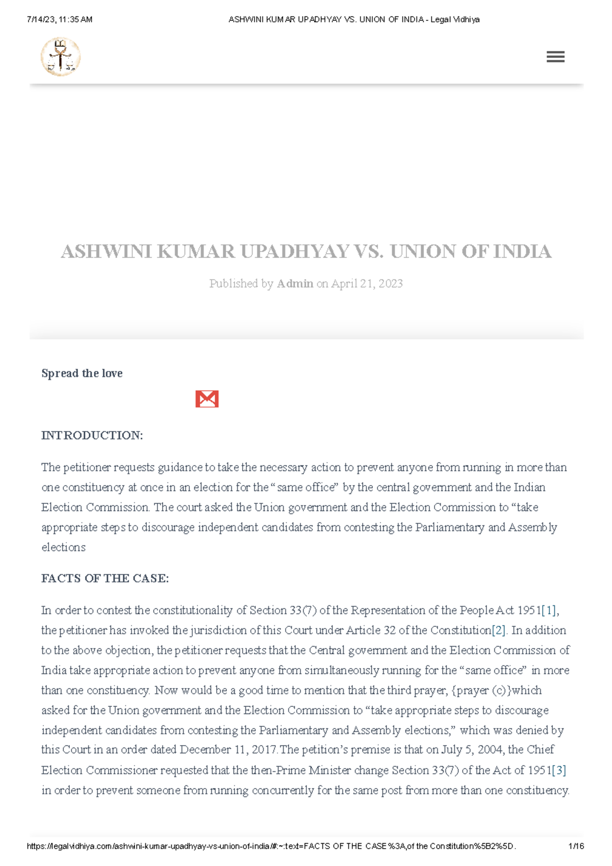 Ashwini Kumar Upadhyay VS. Union OF India - Legal Vidhiya - ASHWINI ...