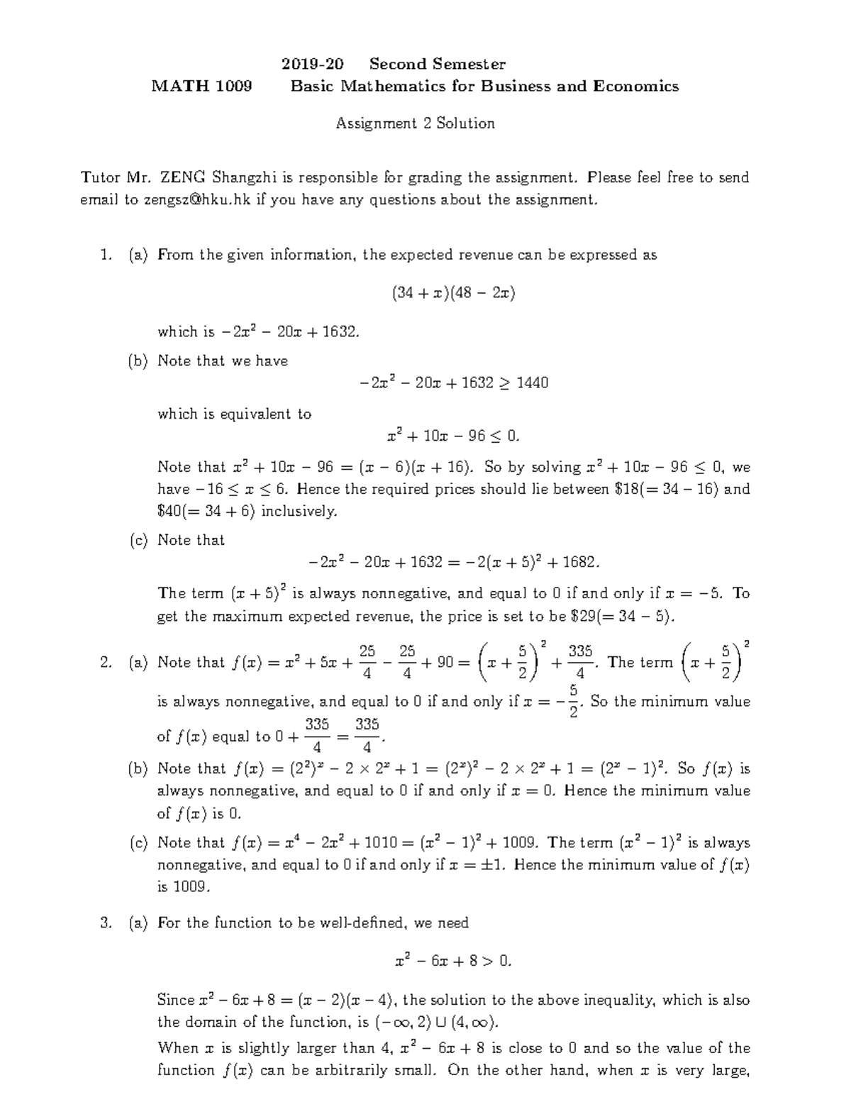 19 20 2 1009 A2 sol - Assignment 2 - 2019-20 Second Semester MATH 1009 Basic Mathematics for ...