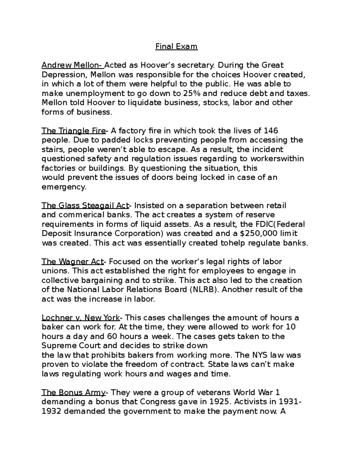 Final Exam History - Final Exam Andrew Mellon- Acted as Hoover’s ...