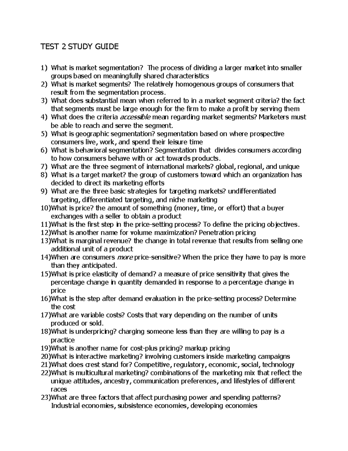 TEST 2 Study Guide - TEST 2 STUDY GUIDE What is market segmentation ...