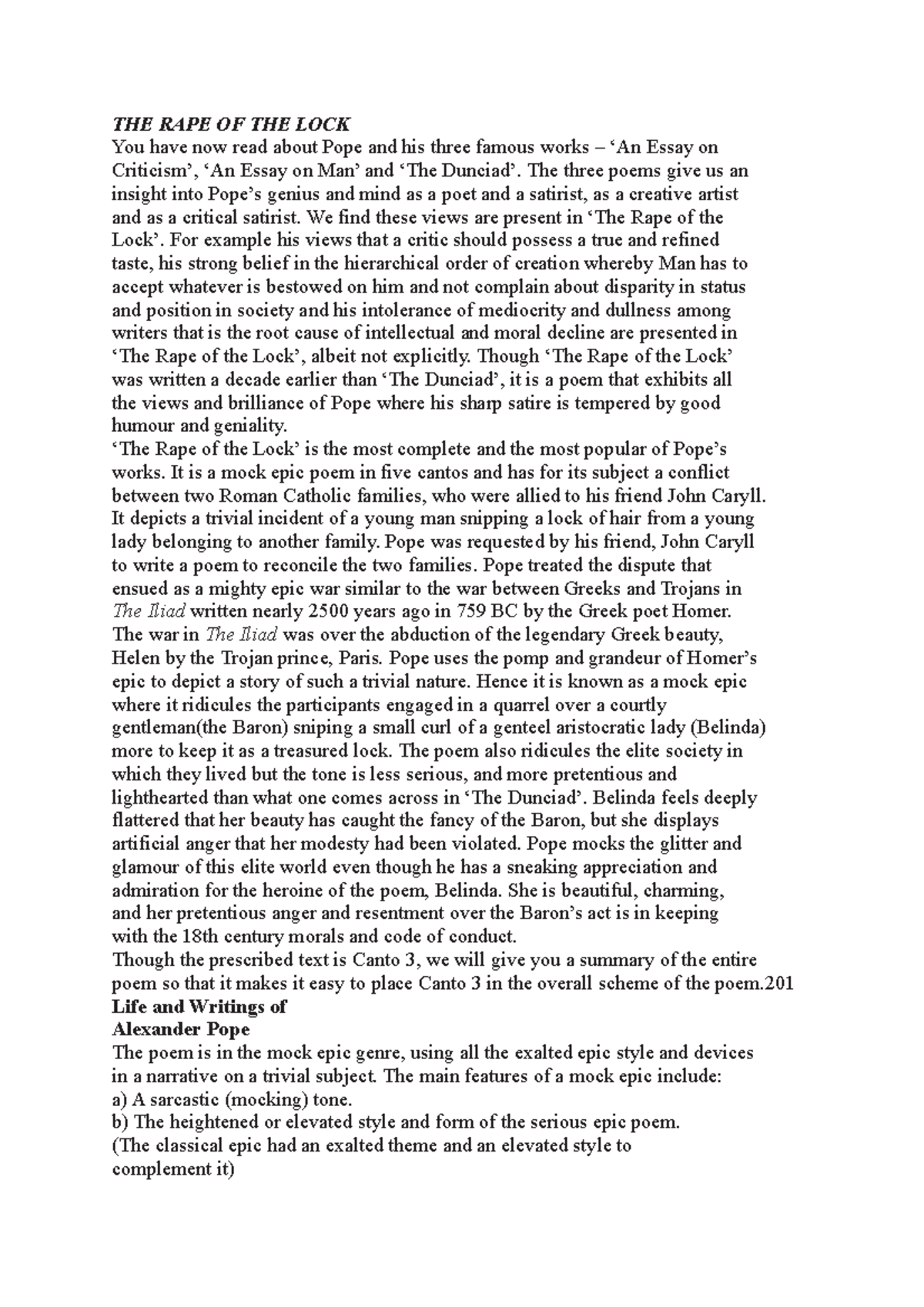 THE RAPE OF THE LOCK - THE RAPE OF THE LOCK - THE RAPE OF THE LOCK You ...