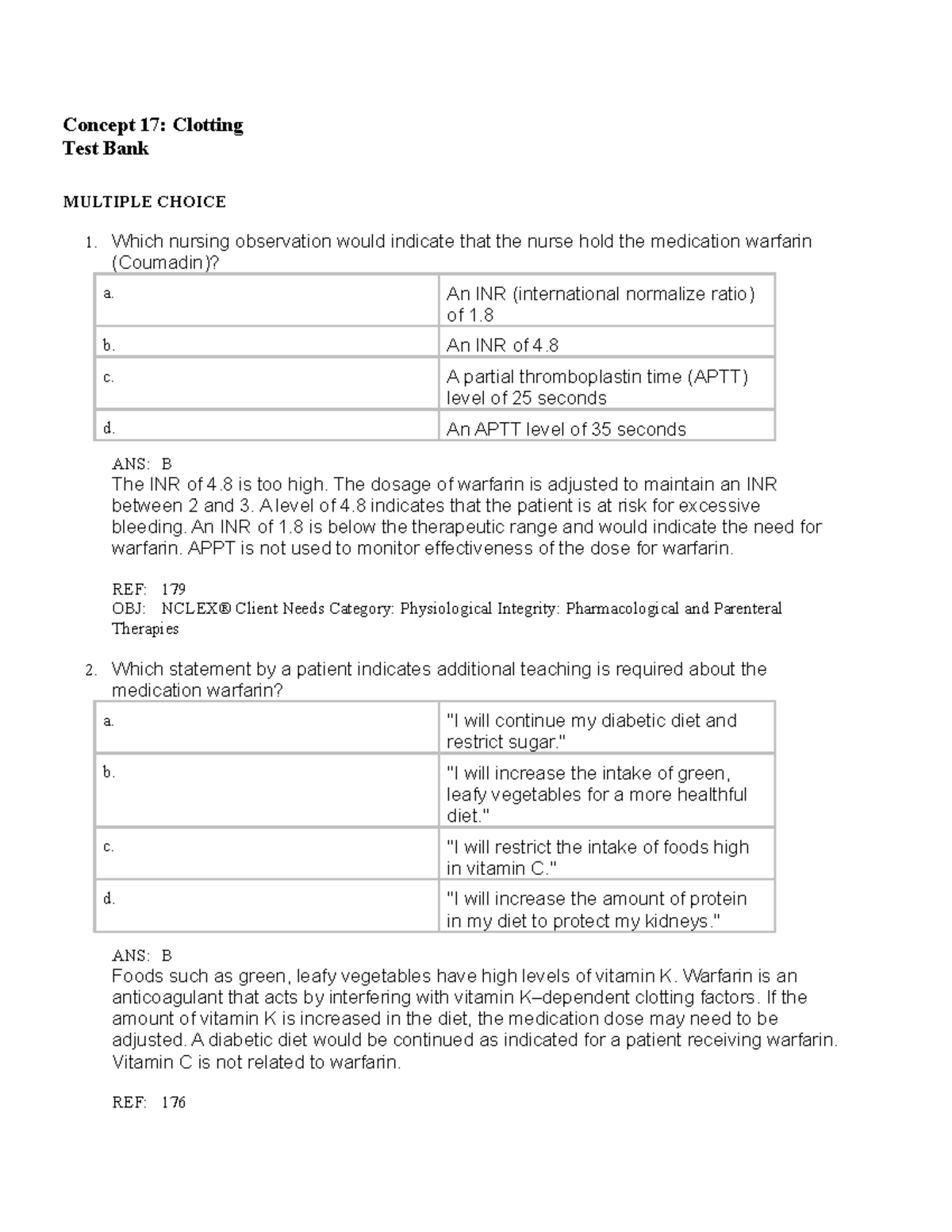 Concept 17 clotting - lecture notes - Concept 17: Clotting Test Bank ...