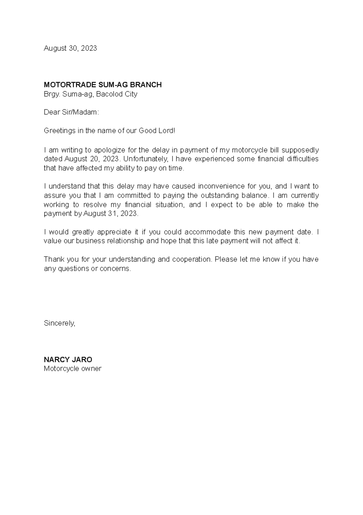 DUE DATE LETTER - August 30, 2023 MOTORTRADE SUM-AG BRANCH Brgy. Suma ...