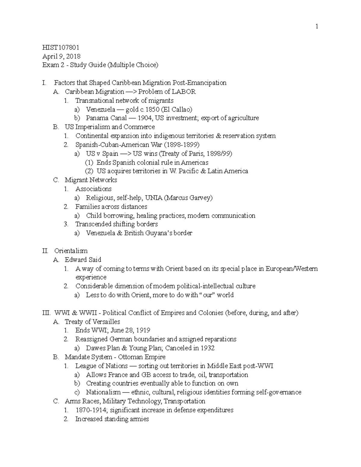 Exam 2 Study Guide - !1 HIST107801 April 9, 2018 Exam 2 Study Guide ...