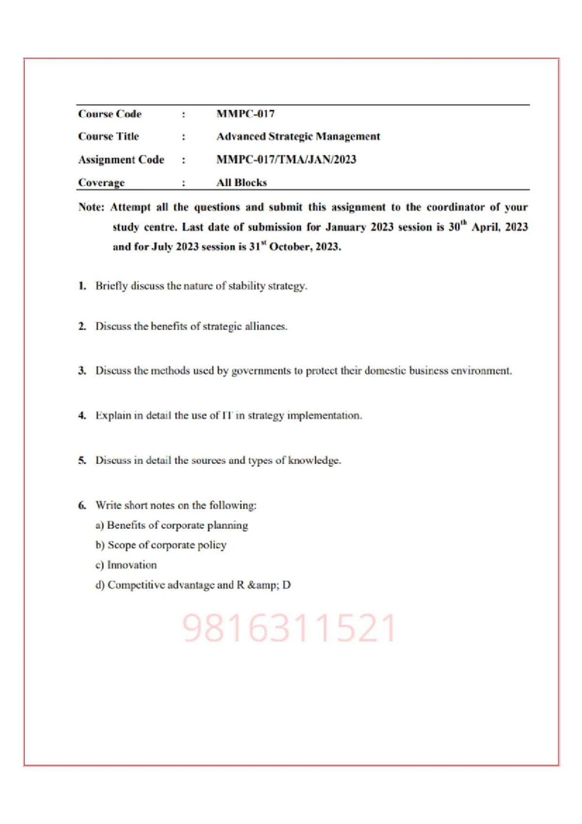 MMPC 017 - This is assignment of 4th semester for MBA New programme of ...
