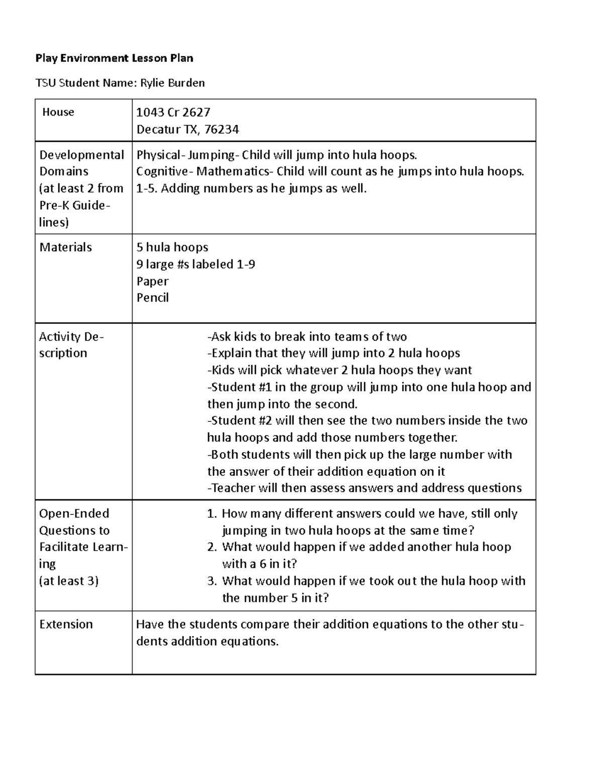Play Environment Lesson Plan Template - Play Environment Lesson Plan ...