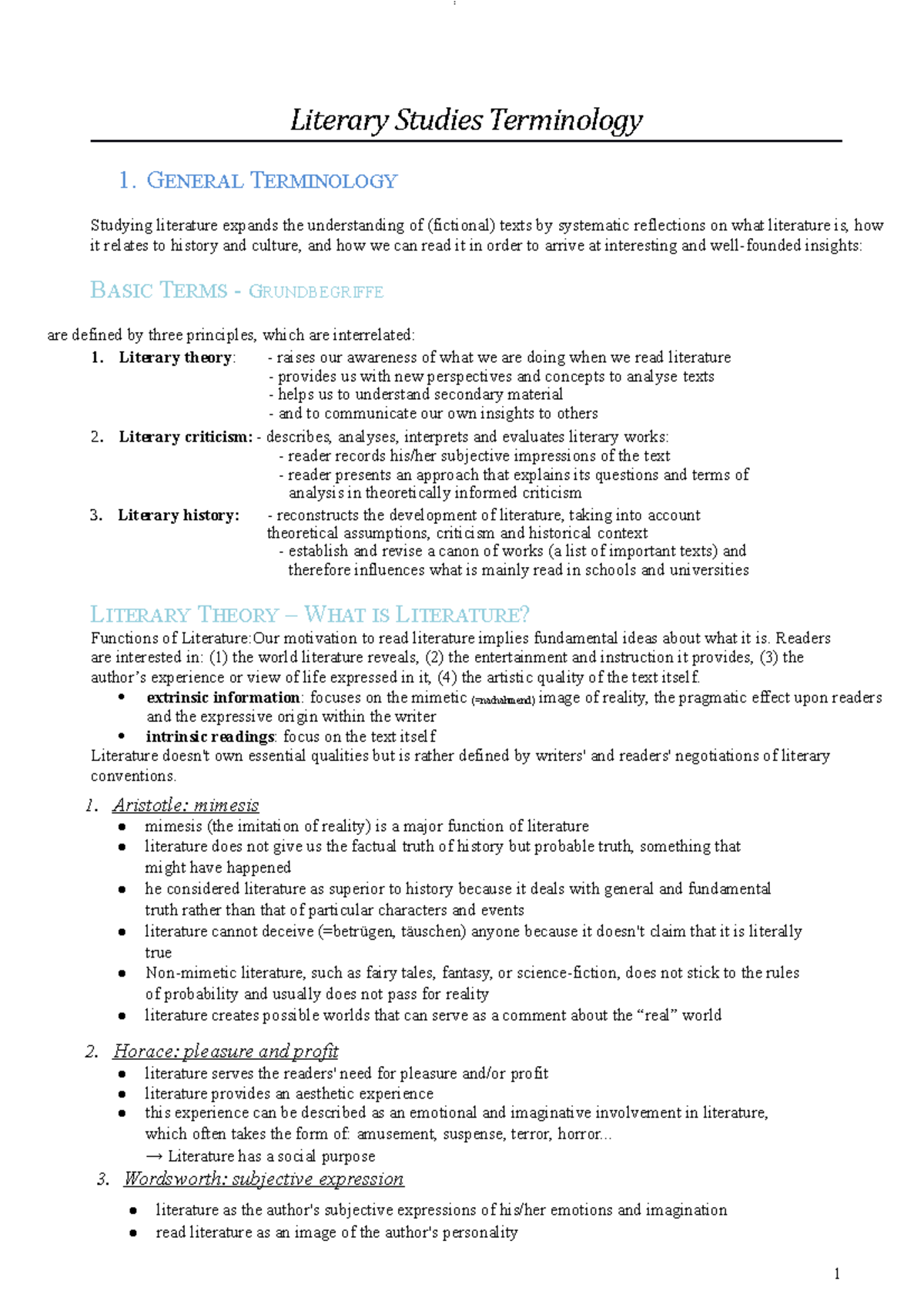 Literary terminology - Prof. Löschnigg - Literary Studies Terminology 1 ...