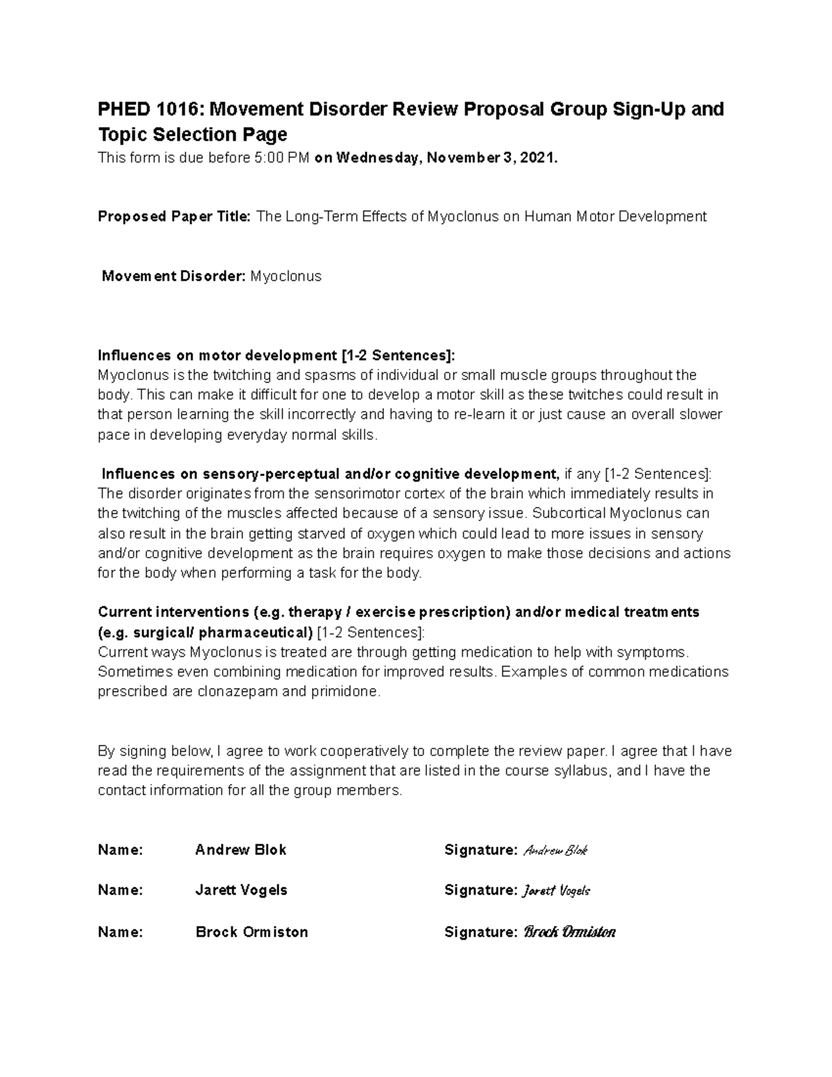 PHED 1016 Movement Disorder Review Proposal Group Sign-Up and Topic ...