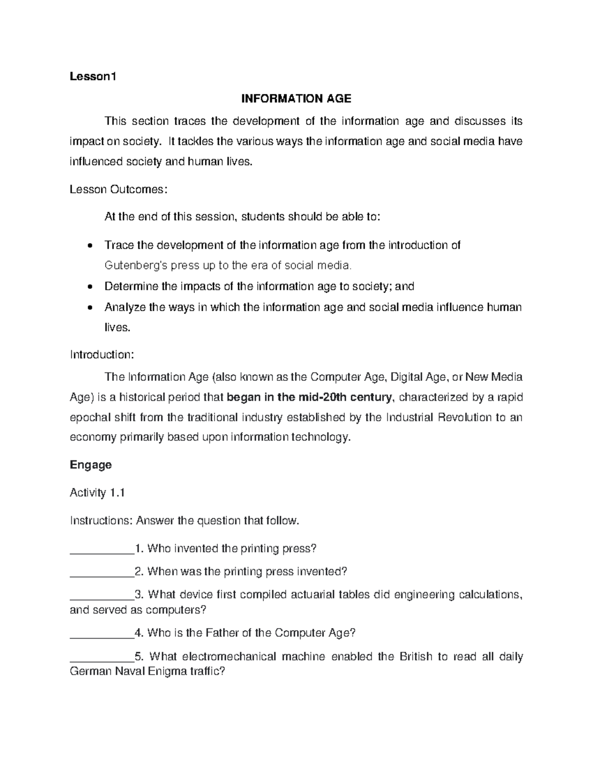 Lesson 1 Information AGE - Lesson INFORMATION AGE This section traces ...