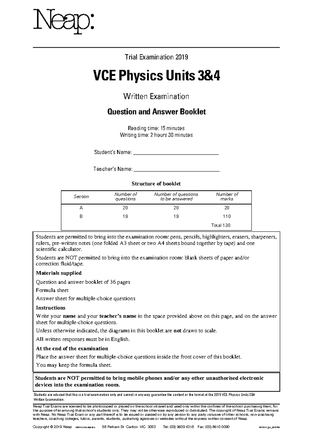 Physics Units 34 Question and Answer Booklet - Neap Trial Exams are ...