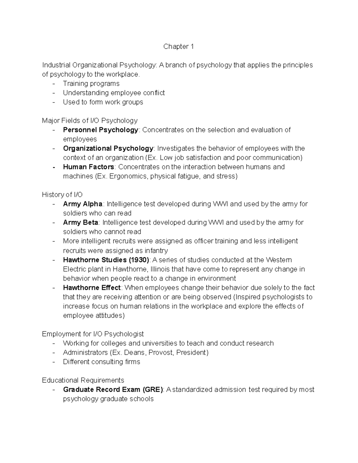 Psychology and Work Notes - Chapter 1 Industrial Organizational ...