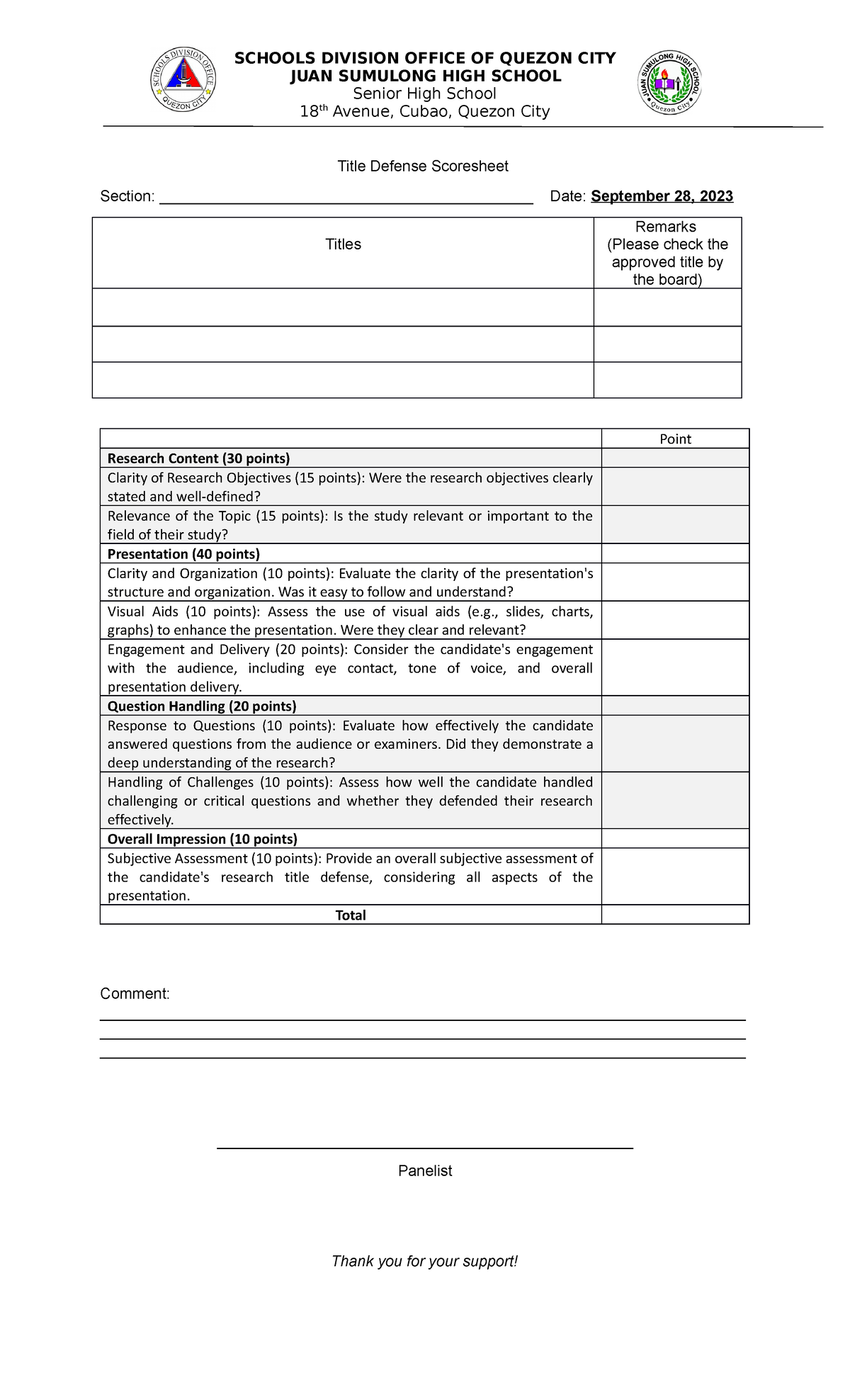Title Defense Scoresheet - SCHOOLS DIVISION OFFICE OF QUEZON CITY JUAN ...