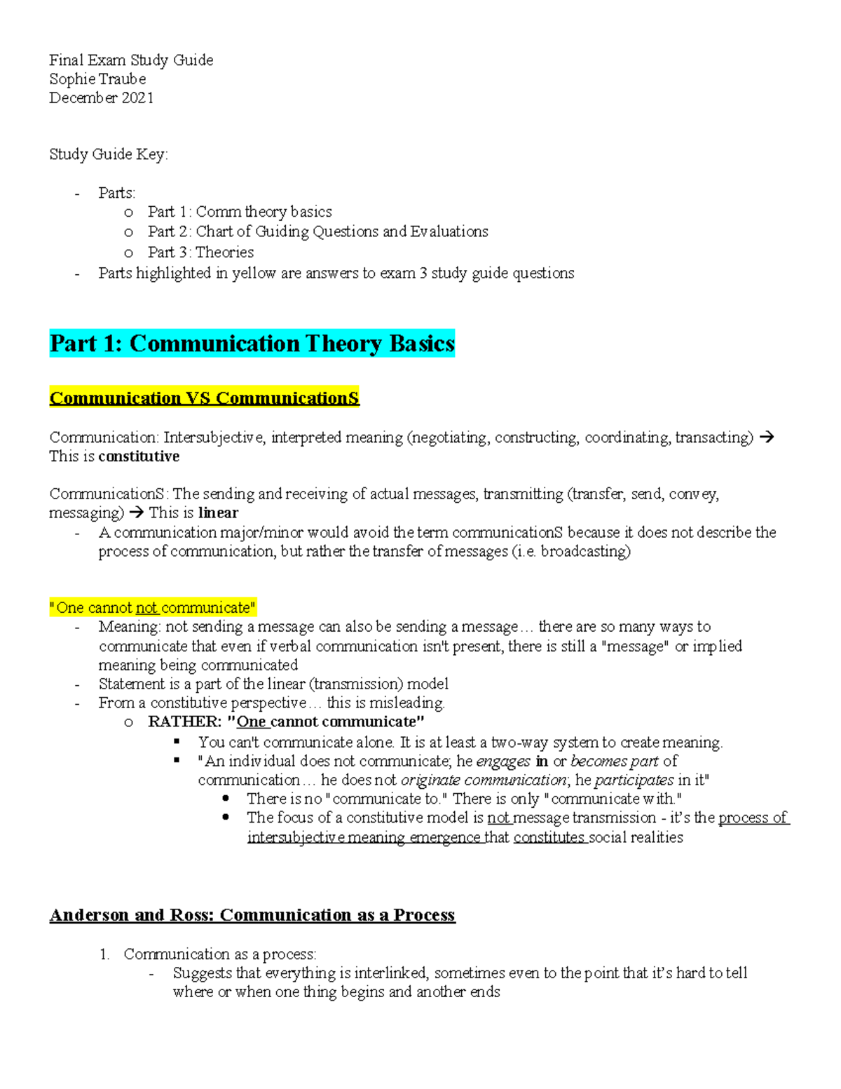 Communication Theory Final Exam (Exam 3) Study Guide - Final Exam Study Guide Sophie Traube ...