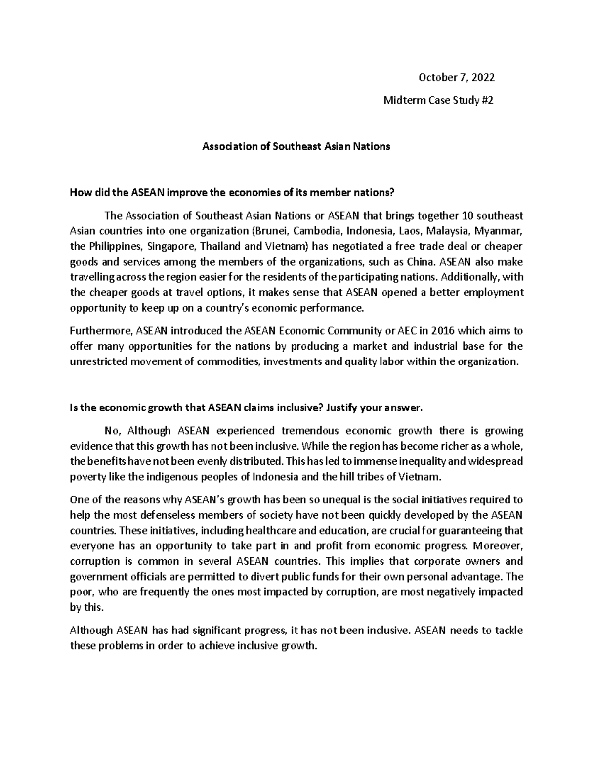 Case Study - Asean - October 7, 2022 Midterm Case Study # Association ...