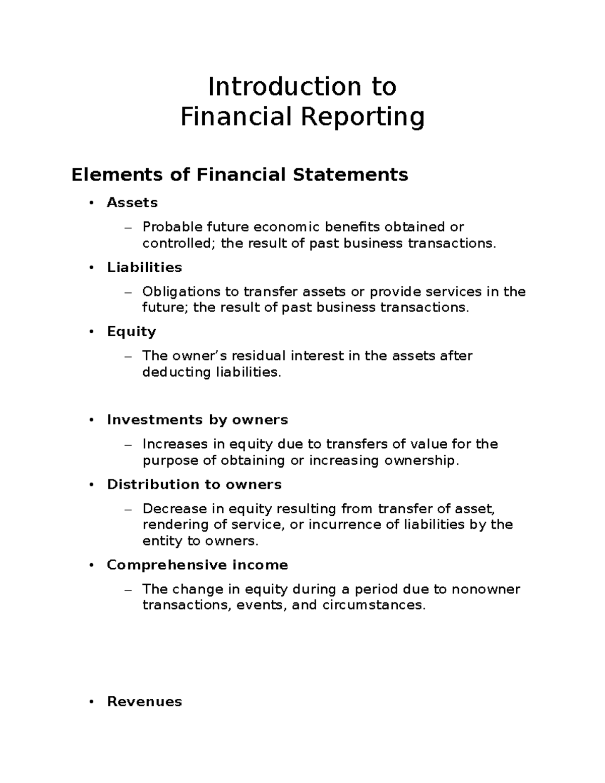 Chapter 1 - Introduction to Financial Reporting Elements of Financial ...